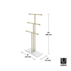 Umbra Trigem Hanging Jewelry Organizer Tiered Tabletop Countertop Free Standing Necklace Holder Display, 3, Brass/White