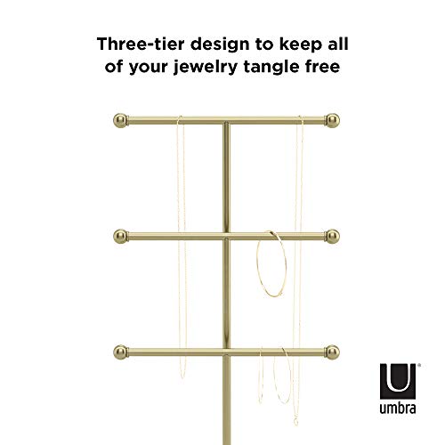 Umbra Trigem Hanging Jewelry Organizer Tiered Tabletop Countertop Free Standing Necklace Holder Display, 3, Brass/White