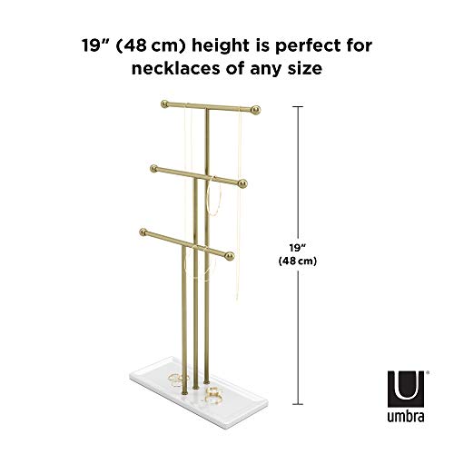 Umbra Trigem Hanging Jewelry Organizer Tiered Tabletop Countertop Free Standing Necklace Holder Display, 3, Brass/White