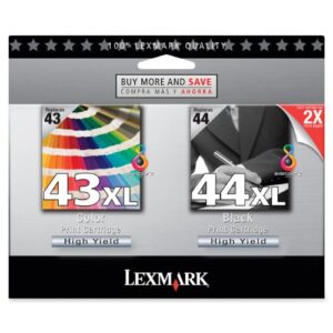 lexmark international products - photo print cartridge, combo pack, black/tri-color - sold as 1 pk - twin-pack includes a 43xl color print cartridge and 44xl black print cartridge. cartridges are designed for use with lexmark x4850, x4875, x4950, x4975, x