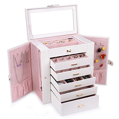 Kendal Huge Jewelry Box Jewelry Case with 6 Tier 5 Drawers Large Storage Capacity with Mirror Jewelry Storage Organizer Great Gift Also Good For Watches LJC-SHD5CM(White)