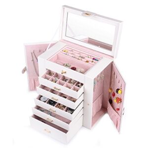 Kendal Huge Jewelry Box Jewelry Case with 6 Tier 5 Drawers Large Storage Capacity with Mirror Jewelry Storage Organizer Great Gift Also Good For Watches LJC-SHD5CM(White)