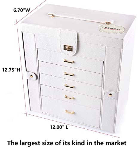 Kendal Huge Jewelry Box Jewelry Case with 6 Tier 5 Drawers Large Storage Capacity with Mirror Jewelry Storage Organizer Great Gift Also Good For Watches LJC-SHD5CM(White)