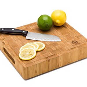 Small End Grain Bamboo Cutting Board | Professional, Butcher Block | Non-Slip Rubber Feet