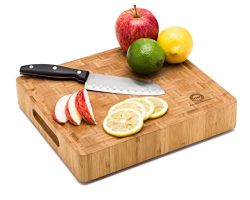 Small End Grain Bamboo Cutting Board | Professional, Butcher Block | Non-Slip Rubber Feet