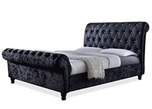 baxton studio wholesale interiors castello velvet upholstered faux crystal-buttoned sleigh platform bed, queen, black