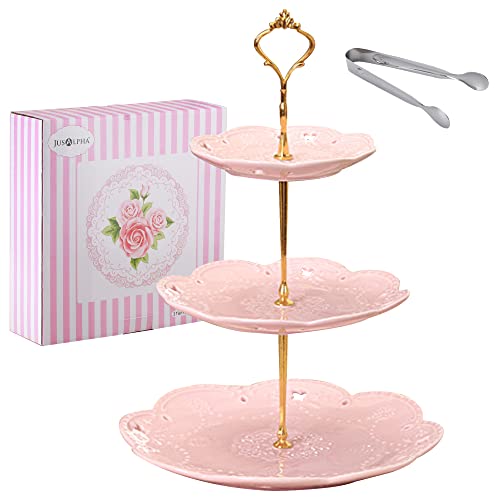 Jusalpha 3-Tier Pink Porcelain Cake Stand/Cupcake Stand/Dessert Stand/Tea Party Pastry Serving Platter/Food Display, Stand, Comes in a Gift Box- Free Sugar Tong, Pink