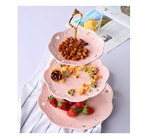 Jusalpha 3-Tier Pink Porcelain Cake Stand/Cupcake Stand/Dessert Stand/Tea Party Pastry Serving Platter/Food Display, Stand, Comes in a Gift Box- Free Sugar Tong, Pink