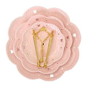 Jusalpha 3-Tier Pink Porcelain Cake Stand/Cupcake Stand/Dessert Stand/Tea Party Pastry Serving Platter/Food Display, Stand, Comes in a Gift Box- Free Sugar Tong, Pink