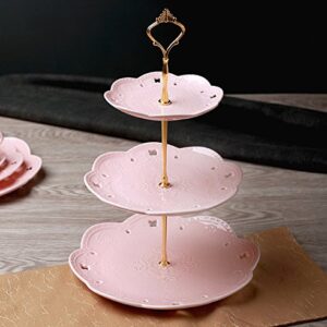 Jusalpha 3-Tier Pink Porcelain Cake Stand/Cupcake Stand/Dessert Stand/Tea Party Pastry Serving Platter/Food Display, Stand, Comes in a Gift Box- Free Sugar Tong, Pink