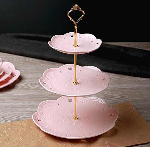 Jusalpha 3-Tier Pink Porcelain Cake Stand/Cupcake Stand/Dessert Stand/Tea Party Pastry Serving Platter/Food Display, Stand, Comes in a Gift Box- Free Sugar Tong, Pink