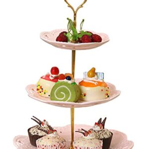 Jusalpha 3-Tier Pink Porcelain Cake Stand/Cupcake Stand/Dessert Stand/Tea Party Pastry Serving Platter/Food Display, Stand, Comes in a Gift Box- Free Sugar Tong, Pink