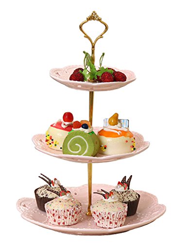 Jusalpha 3-Tier Pink Porcelain Cake Stand/Cupcake Stand/Dessert Stand/Tea Party Pastry Serving Platter/Food Display, Stand, Comes in a Gift Box- Free Sugar Tong, Pink