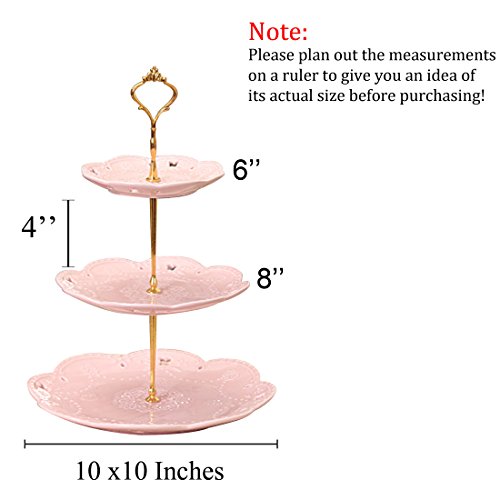 Jusalpha 3-Tier Pink Porcelain Cake Stand/Cupcake Stand/Dessert Stand/Tea Party Pastry Serving Platter/Food Display, Stand, Comes in a Gift Box- Free Sugar Tong, Pink