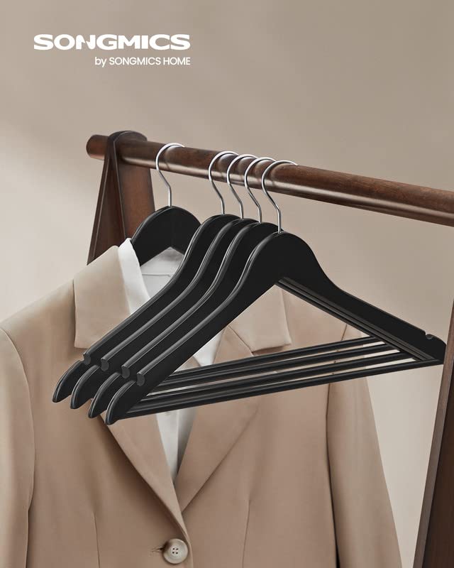 SONGMICS Wooden Hangers, 20-Pack Wood Coat Hangers with Shoulder Notches, Swivel Hook, Non-Slip for Jackets, Shirts, Suits, Black and Silver UCRW02B-20