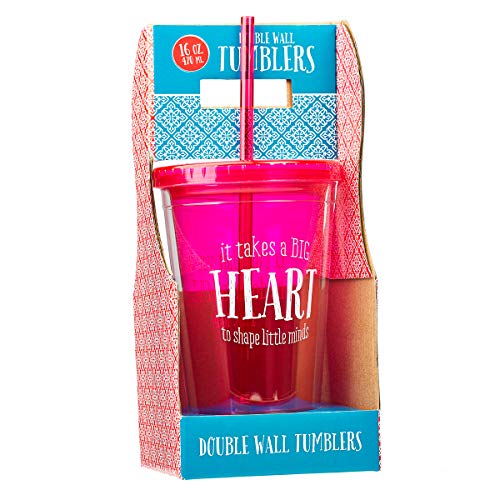 Christian Art Gifts Insulated Teacher Tumbler with Lid & Straw: It Takes a Big Heart to Shape Little Minds - Let All That You Do Be Done in Love - 1 Corinthians 16:14 Bible Verse Cup, Pink, 16 oz.