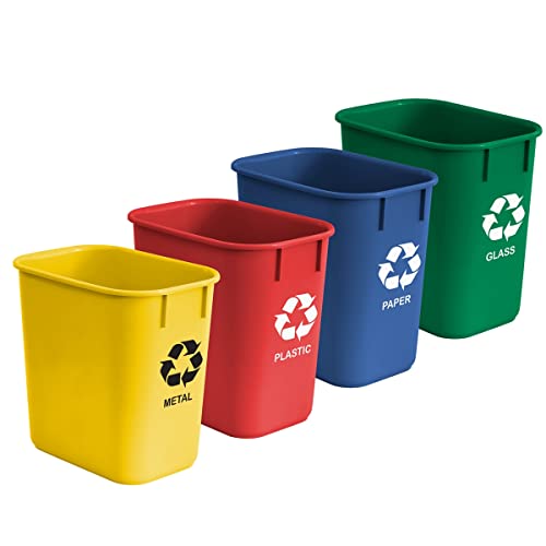 Acrimet Wastebasket Bin for Recycling 13QT (Made of Plastic) (Metal/Yellow, Paper/Blue, Glass/Green, Plastic/Red) (Set of 4)