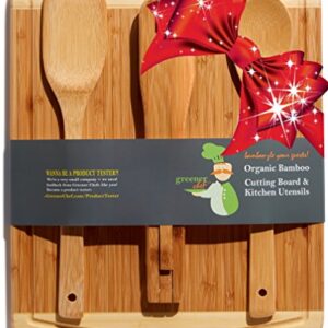 Bamboo Cutting Board Housewarming Gift Set - With Bonus 3-Piece Cooking Utensils - Wooden Spoon, Salad Tongs and Wood Spatula - Mother's Day, Wedding & Kitchen Gadgets Gift Idea