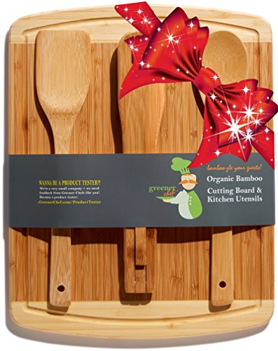 Bamboo Cutting Board Housewarming Gift Set - With Bonus 3-Piece Cooking Utensils - Wooden Spoon, Salad Tongs and Wood Spatula - Mother's Day, Wedding & Kitchen Gadgets Gift Idea