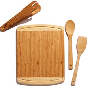 Bamboo Cutting Board Housewarming Gift Set - With Bonus 3-Piece Cooking Utensils - Wooden Spoon, Salad Tongs and Wood Spatula - Mother's Day, Wedding & Kitchen Gadgets Gift Idea