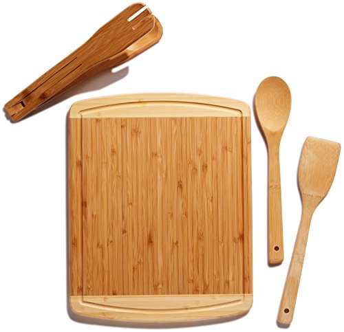 Bamboo Cutting Board Housewarming Gift Set - With Bonus 3-Piece Cooking Utensils - Wooden Spoon, Salad Tongs and Wood Spatula - Mother's Day, Wedding & Kitchen Gadgets Gift Idea