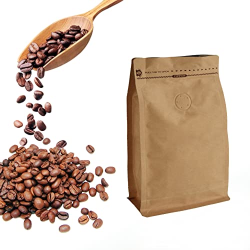 50 Pieces 8 Ounce Kraft Paper Stand Up Coffee Bag/Flat Bottom Pouch with Air Release Valve and Reusable Side Zipper. (50pcs, ½lb/8oz)