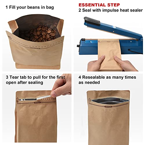 50 Pieces 8 Ounce Kraft Paper Stand Up Coffee Bag/Flat Bottom Pouch with Air Release Valve and Reusable Side Zipper. (50pcs, ½lb/8oz)