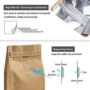 50 Pieces 8 Ounce Kraft Paper Stand Up Coffee Bag/Flat Bottom Pouch with Air Release Valve and Reusable Side Zipper. (50pcs, ½lb/8oz)