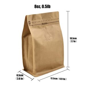 50 Pieces 8 Ounce Kraft Paper Stand Up Coffee Bag/Flat Bottom Pouch with Air Release Valve and Reusable Side Zipper. (50pcs, ½lb/8oz)