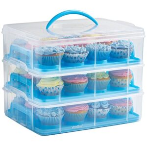 vonshef snap and stack blue 3 tier cupcake holder & cake carrier container - store up to 36 cupcakes or 3 large cakes