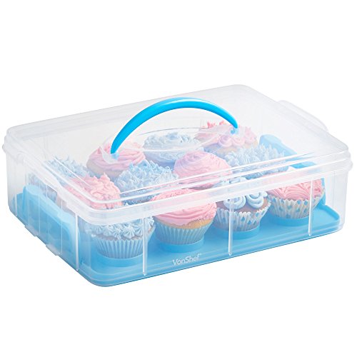 VonShef Snap and Stack Blue 3 Tier Cupcake Holder & Cake Carrier Container - Store up to 36 Cupcakes or 3 Large Cakes