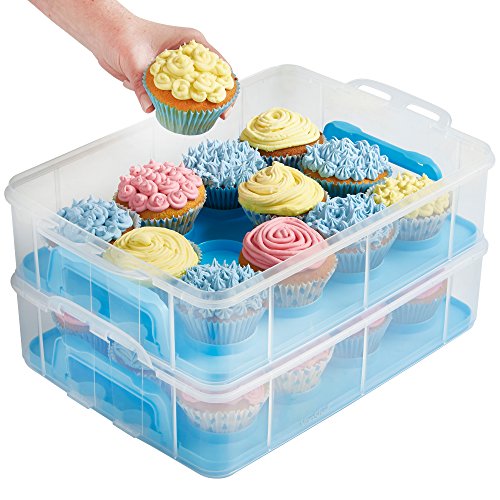 VonShef Snap and Stack Blue 3 Tier Cupcake Holder & Cake Carrier Container - Store up to 36 Cupcakes or 3 Large Cakes