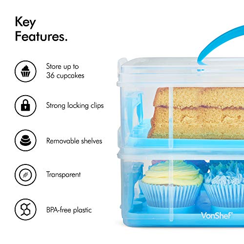 VonShef Snap and Stack Blue 3 Tier Cupcake Holder & Cake Carrier Container - Store up to 36 Cupcakes or 3 Large Cakes