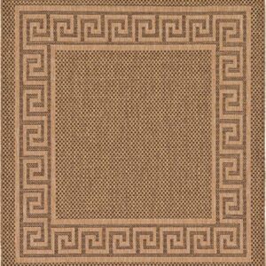 Unique Loom Outdoor Border Collection Area Rug - Greek Key (5' 4" Square, Brown/ Light Brown)