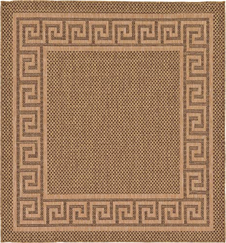 Unique Loom Outdoor Border Collection Area Rug - Greek Key (5' 4" Square, Brown/ Light Brown)