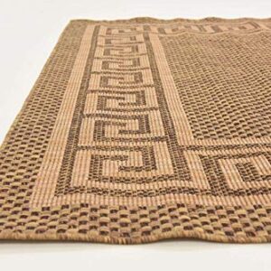 Unique Loom Outdoor Border Collection Area Rug - Greek Key (5' 4" Square, Brown/ Light Brown)