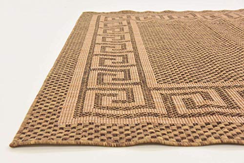 Unique Loom Outdoor Border Collection Area Rug - Greek Key (5' 4" Square, Brown/ Light Brown)