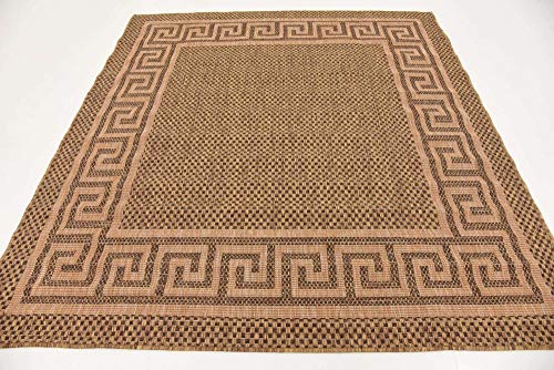 Unique Loom Outdoor Border Collection Area Rug - Greek Key (5' 4" Square, Brown/ Light Brown)