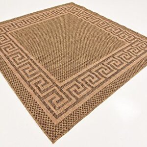 Unique Loom Outdoor Border Collection Area Rug - Greek Key (5' 4" Square, Brown/ Light Brown)