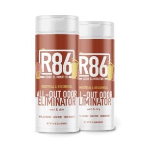 r86 industrial all-out odor eliminator, removes dead animal odor, skunk odor, urine, poop, musty basement & more – natural formula, use wet or dry, biodegradable