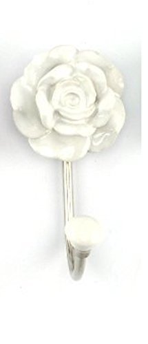 Maithil Art Set of 2 Rose Flower Ethnic Ceramic Key Hat Coat Hook Wall Decor Hook (White)