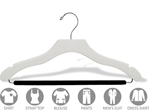 The Great American Hanger Company Wavy White Wood Suit Hanger w/Velvet Non-Slip Bar, Box of 25 Space Saving 17 Inch Flat Wooden Hangers w/Chrome Swivel Hook & Notches for Shirt Dress or Pants