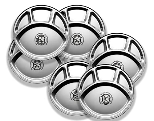 King International Stainless Steel Plates, Divided Dinner Plate Four Section Round Dinner Plates Set of 6, 11 Inches, Round Divided Dinner Plate, divided plates for adults, dinner plates