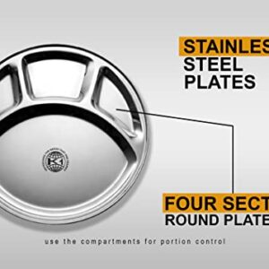 King International Stainless Steel Plates, Divided Dinner Plate Four Section Round Dinner Plates Set of 6, 11 Inches, Round Divided Dinner Plate, divided plates for adults, dinner plates