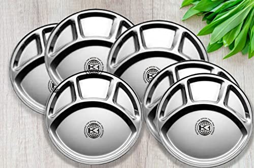 King International Stainless Steel Plates, Divided Dinner Plate Four Section Round Dinner Plates Set of 6, 11 Inches, Round Divided Dinner Plate, divided plates for adults, dinner plates