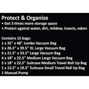 Home-Complete Vacuum Storage Bags- 15 Multi Size Space Saving Air Tight Compression Organizers for Closet Clutter, Clothes, Linens- Pump Included