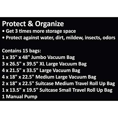 Home-Complete Vacuum Storage Bags- 15 Multi Size Space Saving Air Tight Compression Organizers for Closet Clutter, Clothes, Linens- Pump Included