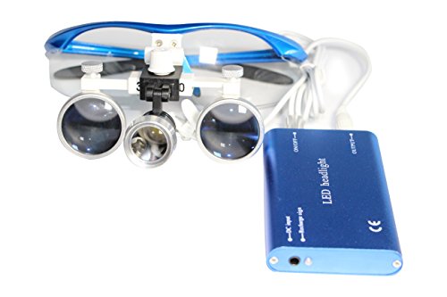 Dental Power Dental Binocular Loupes 3.5X 420mm + LED Head Light Lamp +Aluminum Box (Blue)