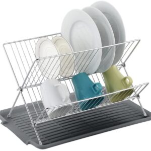 J&V TEXTILES Foldable Dish Drying Rack with Drainboard, Stainless Steel 2 Tier Dish Drainer Rack, Collapsible Dish Drainer, Folding Dish Rack for Kitchen Sink, Countertop, Cutlery, Plates (Gray)