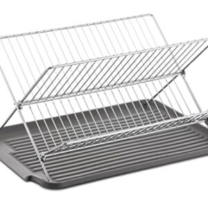 J&V TEXTILES Foldable Dish Drying Rack with Drainboard, Stainless Steel 2 Tier Dish Drainer Rack, Collapsible Dish Drainer, Folding Dish Rack for Kitchen Sink, Countertop, Cutlery, Plates (Gray)